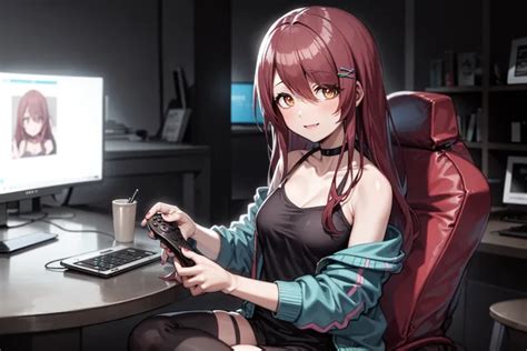 Anime Girl Sitting In A Chair With A Remote Control Seaart Ai