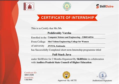 Finished Full Stack Java Internship With Skilldzire Peddireddy Varsha