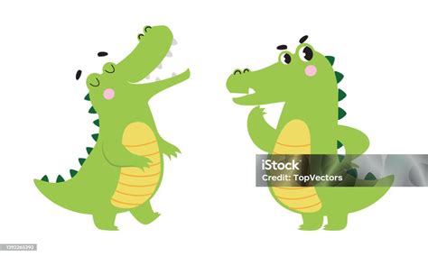 귀여운 친절한 녹색 악어 세트 사랑스러운 호기심 아기 악어 캐릭터 만화 벡터 일러스트 레이 션 0명에 대한 스톡 벡터 아트 및