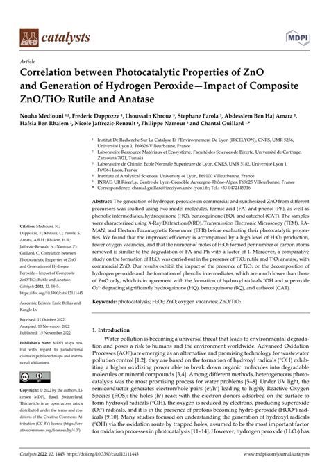 Pdf Correlation Between Photocatalytic Properties Of Zno And Generation Of Hydrogen Peroxide