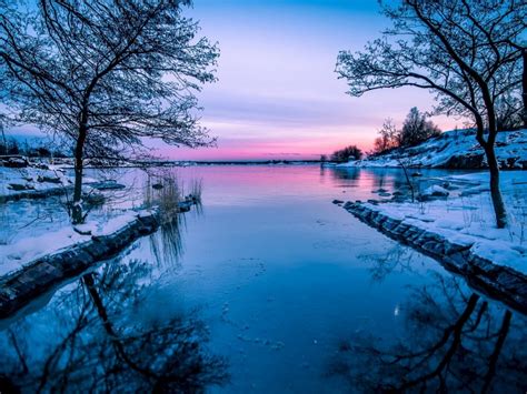Lake Sunset Horizon Winter 4k Wallpaper Toppng