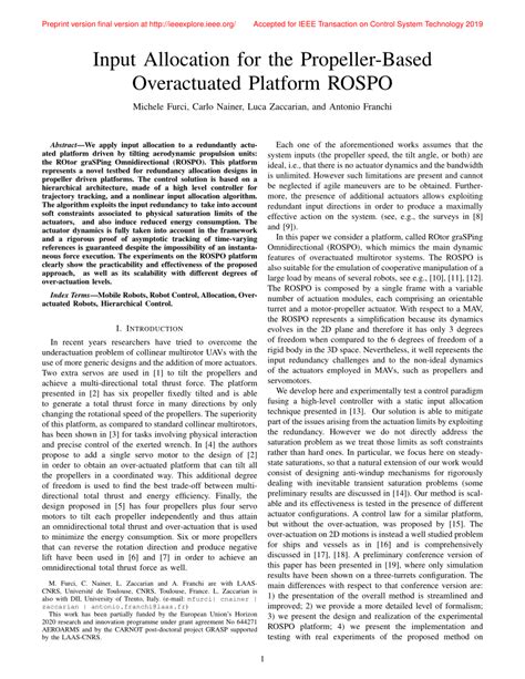 Pdf Input Allocation For The Propeller Based Overactuated Platform Rospo