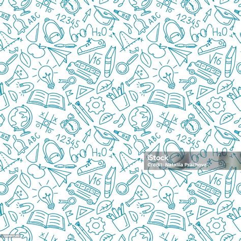 손으로 그린 낙서 흰색 배경에 고립 된 학교 용품과 학교 원활한 패턴으로 돌아 교육에 대한 스톡 벡터 아트 및 기타 이미지 교육 배경 주제 연속무늬 Istock