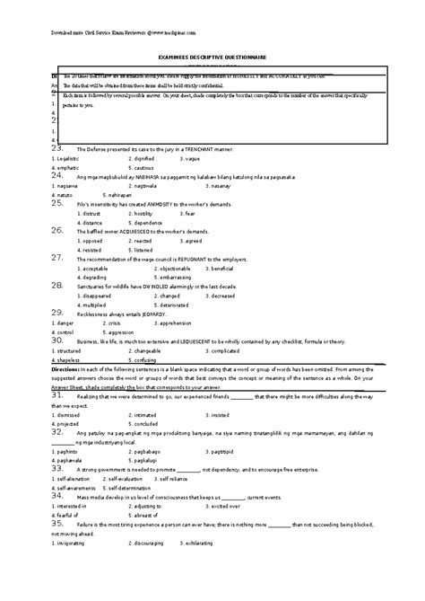 Csc1 Cse Reviewer 21 170 Examinees Descriptive Questionnaire Test Begins Here Directions