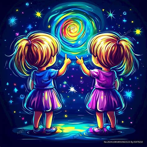 ai创作图q版卡通姐妹 宇宙女孩插画 双胞胎女孩 卡通姐姐小妹妹女孩 两个斗蟋蟀的小女孩 两小无猜插画 双胞胎姐妹 双鱼座卡通插画 敬礼男孩