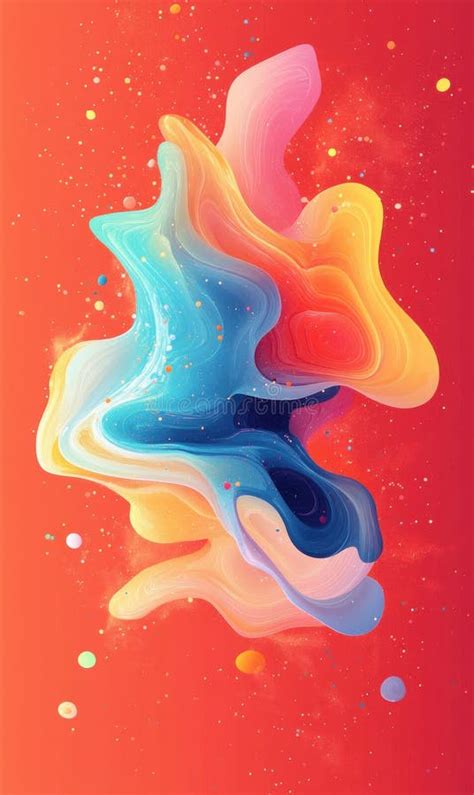 Colorful Abstract Shapes On Vibrant Red Background With Flowing Forms And Gradient Design Stock