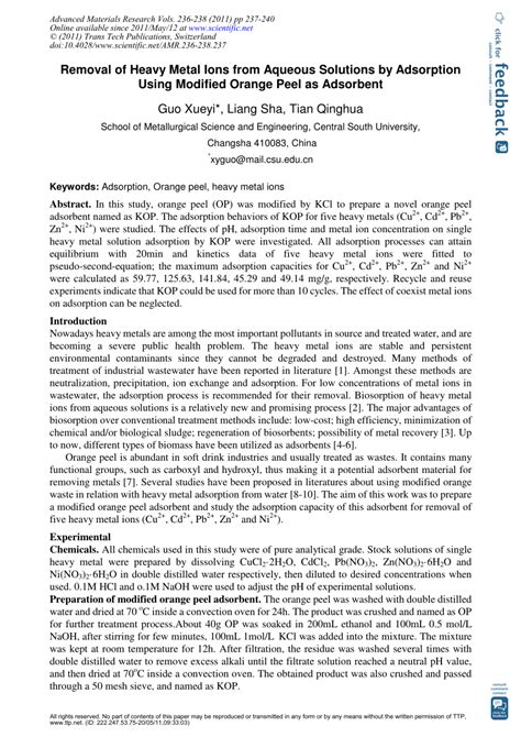 Pdf Removal Of Heavy Metal Ions From Aqueous Solutions By Adsorption Using Modified Orange