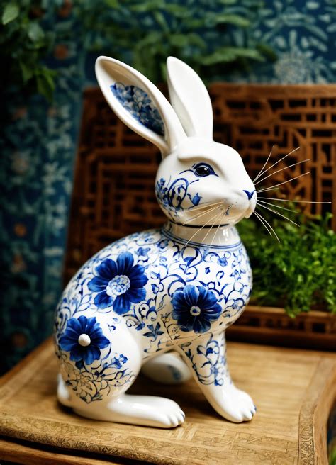Lexica A Chinese Rabbit Made Of White Ceramic With Blue Ink Stunning