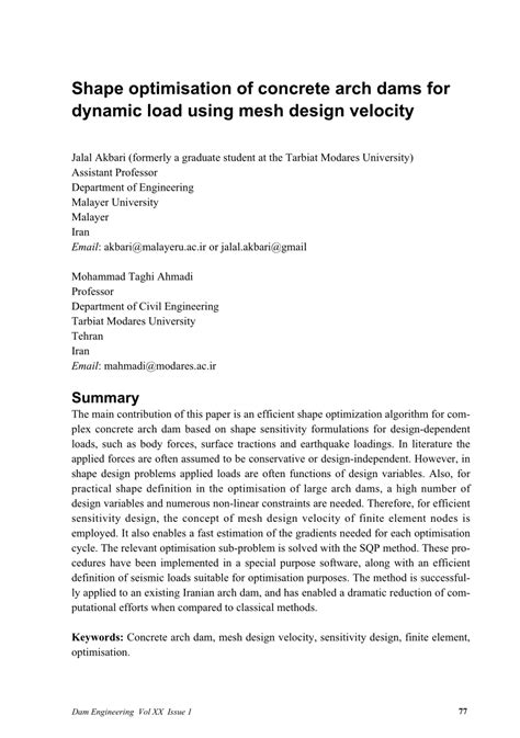 Pdf Shape Optimization Of Concrete Arch Dams For Dynamic Loading Using Mesh Design Velocity