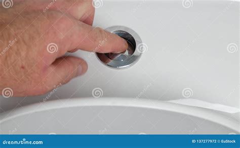 Man Push With Hand Washbasin Mechanism Button Start Toilet Water Cleaning Stock Footage Video