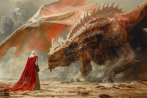 A Brave Knight Faces A Massive Red Dragon In A Desolate Landscape Stock
