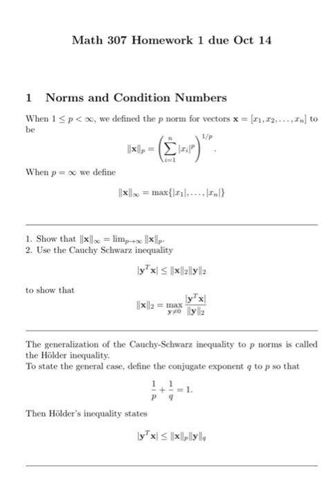 Solved Math 307 Homework 1 Due Oct 14 1 Norms And Condition