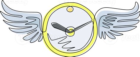 Single One Line Drawing Clock With Wings Flying In The Sky Lost Time