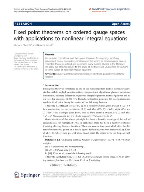 Pdf Fixed Point Theorems On Ordered Gauge Spaces With Applications To Nonlinear Integral Equations
