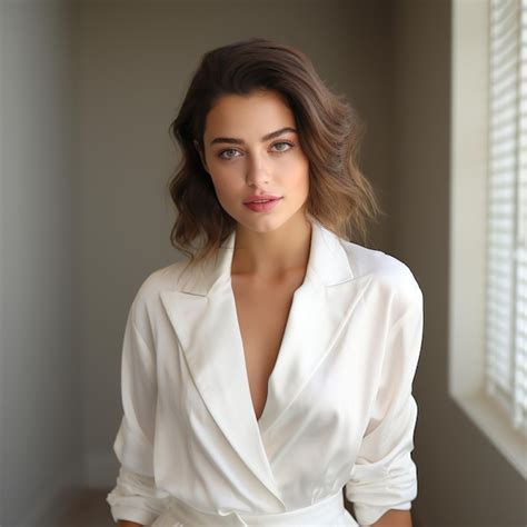 Classy Woman Doing A Photoshoot Wearing White Clothes Minimalistic Style Light Background