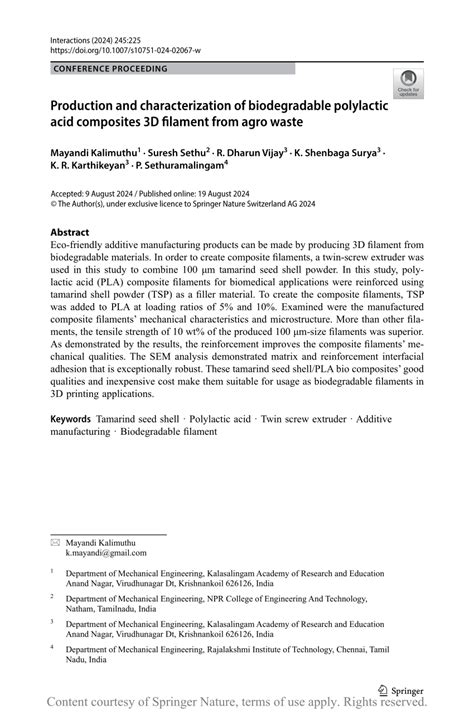 Production And Characterization Of Biodegradable Polylactic Acid Composites 3d Filament From