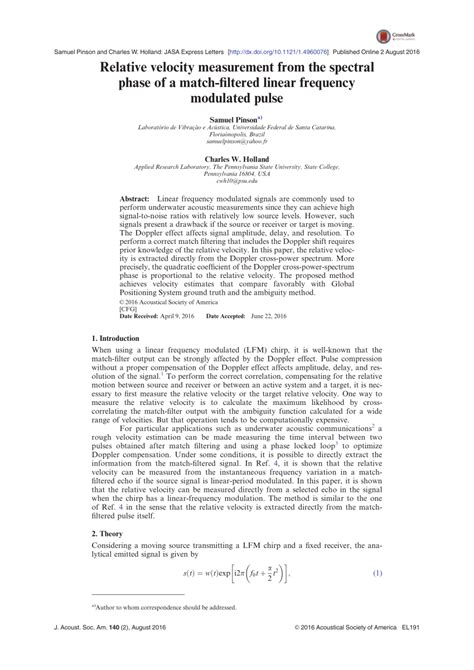 Pdf Relative Velocity Measurement From The Spectral Phase Of A Match Filtered Linear Frequency