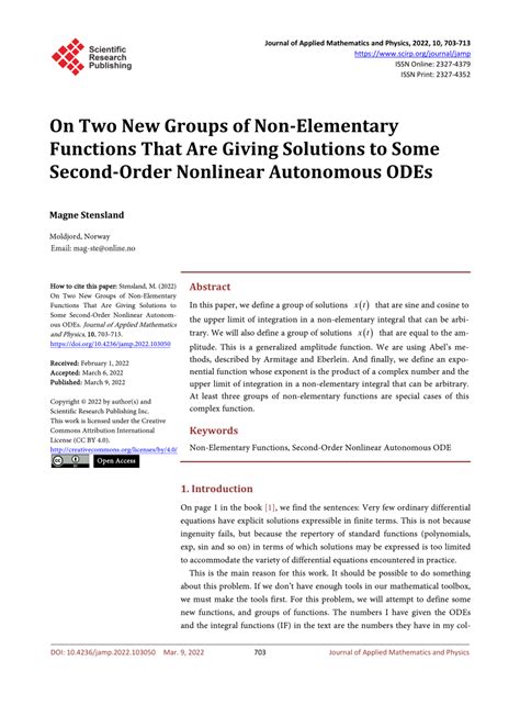 Pdf On Two New Groups Of Non Elementary Functions That Are Giving Solutions To Some Second