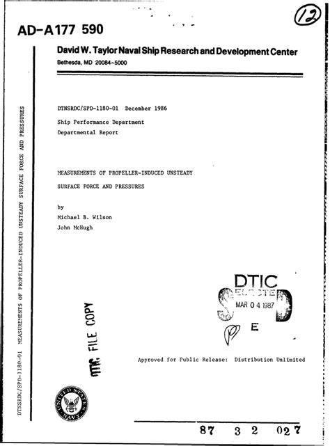 Pdf Measurements Of Propeller Induced Unsteady Surface Force And Pressures