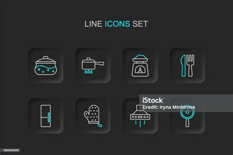 세트 라인 프라이팬 주방 추출기 팬 오븐 장갑 냉장고 교차 나이프와 포크 저울 불에 냄비 및 아이콘 벡터 건강한 생활방식에 대한 스톡 벡터 아트 및 기타 이미지 Istock