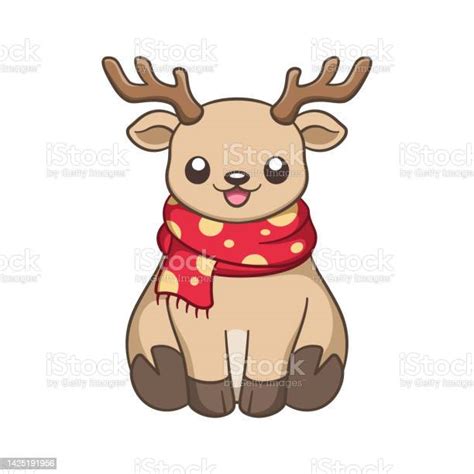 귀여운 행복 순록은 물방울 도트 스카프 만화 일러스트레이션을 착용 겨울 크리스마스 테마 클립 아트 순록에 대한 스톡 벡터 아트 및 기타 이미지 Istock