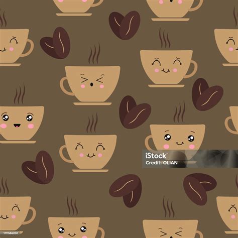 에스프레소 컵과 커피 원두가 있는 카와이 스타일의 귀여운 이음매 없는 벡터 패턴 사랑스러운 반복 가능한 미소 짓는 커피 컵 인쇄