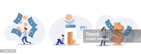 수동 소득 일러스트 세트 재정적 자유와 독립을 즐기는 캐릭터 성공적으로 빚을지지 않고 예산을 계획하는 사람들 벡터 일러스트레이션 경제적 자유에 대한 스톡 벡터 아트 및 기타