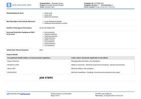 Example Safe Work Method Statement Use Or Copy This Example SWMS