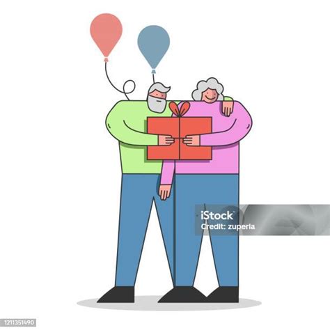 생일 축하 개념입니다 선물 상자와 풍선 노인 남자는 여자에게 선물을 준다 행복한 사람들은 서로를 껴안습니다 만화 선형 윤곽선 플랫 스타일입니다 벡터 일러스트레이션 가족에