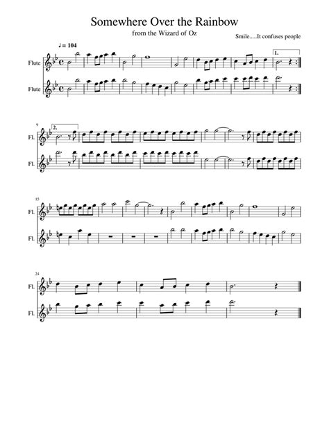 Somewhere Over The Rainbow Sheet Music For Flute Woodwind Duet