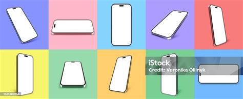 스마트폰 모형 그림자가 있는 사실적인 3d 휴대폰 프레임 다채로운 배경 벡터 브랜딩 템플릿 세트에 격리된 컬러 핸드폰 장치 3차원 형태에 대한 스톡 벡터 아트 및 기타
