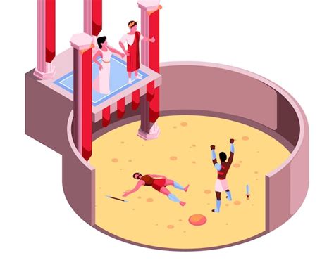 콜로세움 전투 검투사 투사들은 라운드 경기장에서 싸우는 무기를 들고 고대 역사적 인물들이 벡터 아이소메트릭 배경을 가리고