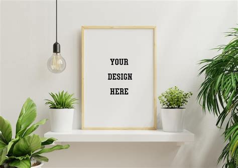 수직 빈 나무 프레임과 식물을 모의 인테리어 포스터 프리미엄 Psd 파일