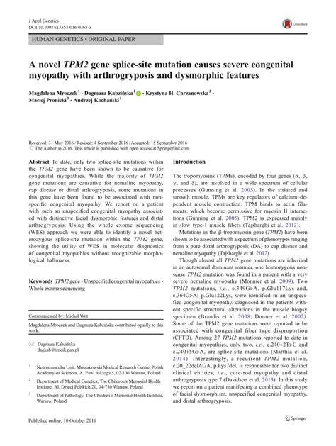 Pdf A Novel Tpm2 Gene Splice Site Mutation Causes Severe Congenital Myopathy With