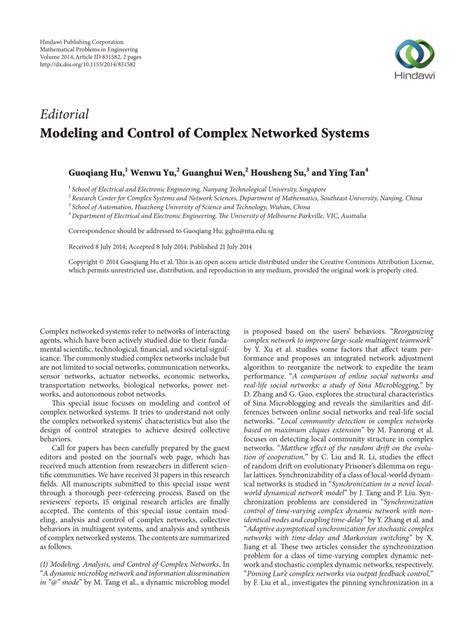 Pdf Modeling And Control Of Complex Networked Systems