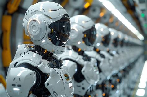 Row Of White Robots Standing Together Premium Ai Generated Image