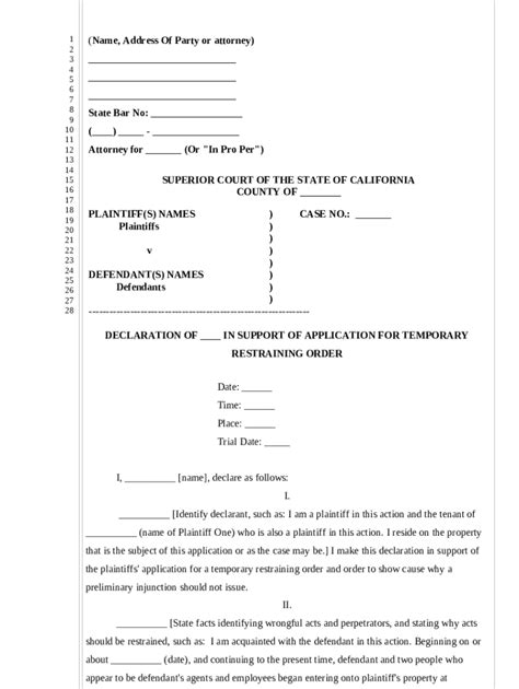 DECLARATION OF IN SUPPORT OF APPLICATION FOR TEMPORARY RESTRAINING ORDER Doc Template PdfFiller