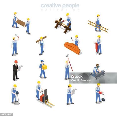 평면 아이소메트릭 포먼 빌더 용접 사다리 벽돌 쌓기 만들기를 들고 들고 험 머 설정 벡터 일러스트 레이 션 3d 아이소메트리 건설 전문가 개념 등측투영법에 대한 스톡 벡터