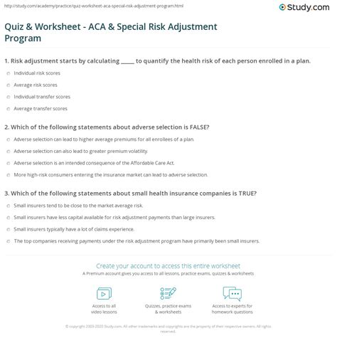 Quiz Worksheet ACA Special Risk Adjustment Program Study Com