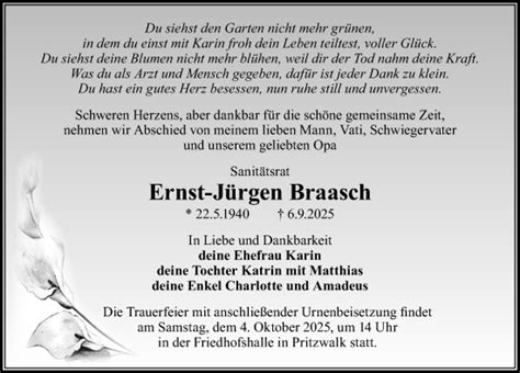 Traueranzeigen Von Ernst Jürgen Braasch Trauer Anzeigen De