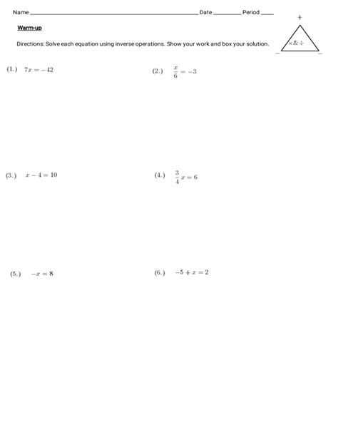 Solving Equations Worksheet Inverse Operations