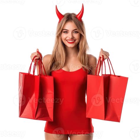 Sexy Woman In Devil Costume Holding Shopping Bags 50173196 Png