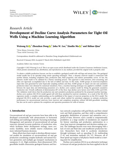 PDF Development Of Decline Curve Analysis Parameters For Tight Oil Wells Using A Machine