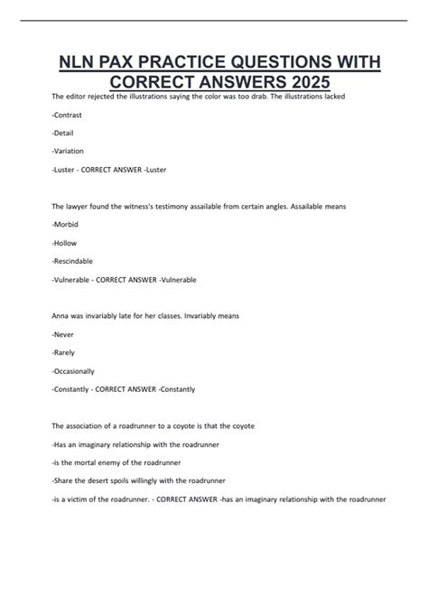 Nln Pax Practice Questions With Correct Answers 2025 Nln Nex Stuvia Us