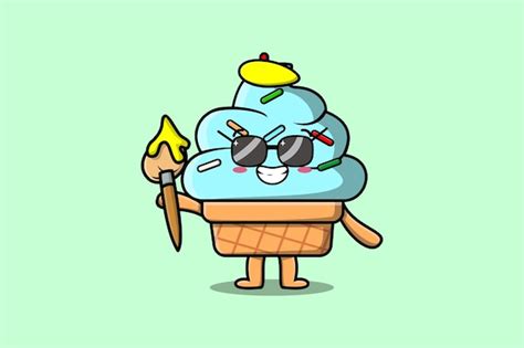 귀여운 디자인으로 그릴 모자와 붓을 든 귀여운 만화 캐릭터 아이스크림 화가 초상화가 프리미엄 벡터