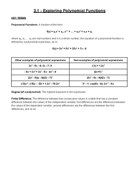 Polynomial Functions Practice For Understanding Degree And Traits Studocu