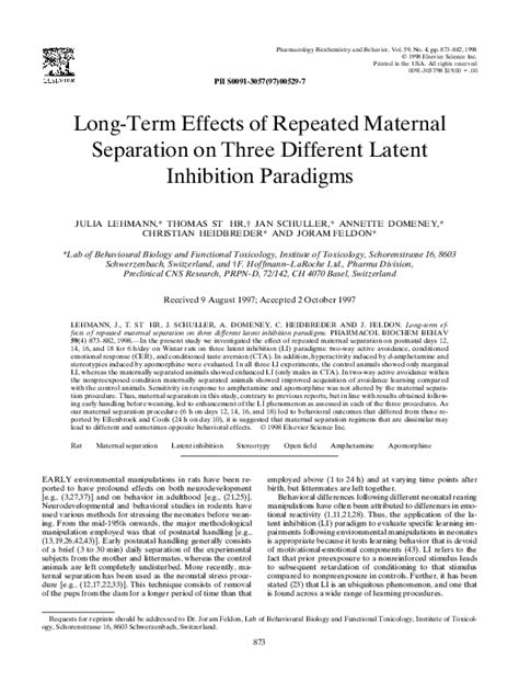 Pdf Long Term Effects Of Repeated Maternal Separation On Three Different Latent Inhibition