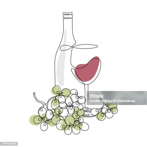 연속 한 줄 도면 유리와 포도와 와인 한 병 벡터 그림입니다 최소한의 추상 예술 화려한 반점이있는 흰색 배경에 검은 선형 예술