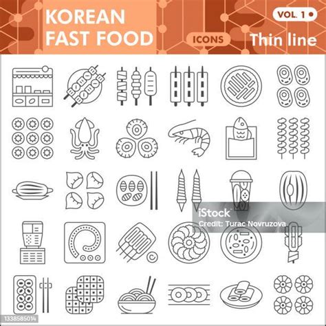 한국 패스트 푸드 라인 아이콘 세트 아시아 요리 기호 컬렉션 또는 스케치 웹 및 앱에 대한 얇은 선 선형 스타일 표지판을 케이터링합니다 흰색 배경에서 격리된 벡터