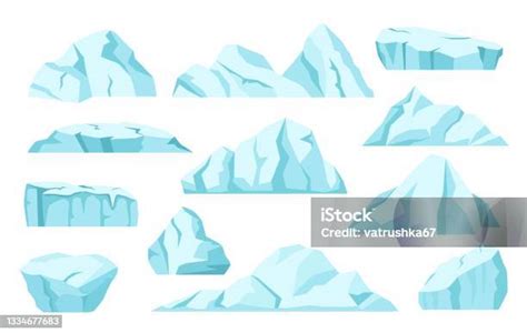 만화 빙산 북극 빙하 남극 빙하 북극 냉동 얼음 산 얼음 꽃 부동 빙산 얼어 붙은 블록 벡터 세트 블록에 대한 스톡 벡터 아트